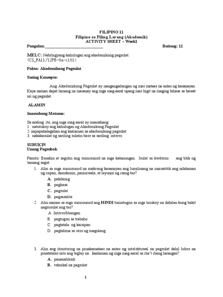 Activity Sheet Week 1 | PDF