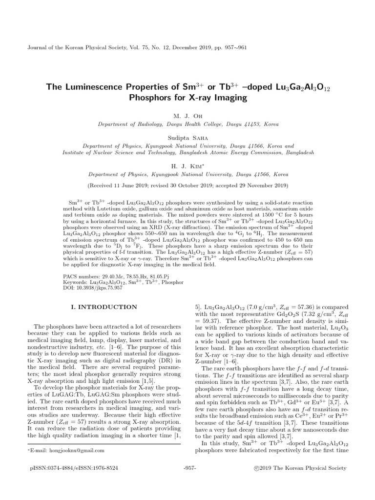 Oh2019 - Article - The Luminescence Properties of Sm3+ or Tb3+ - Doped Lu3Ga2Al3O12 Phosphora ...
