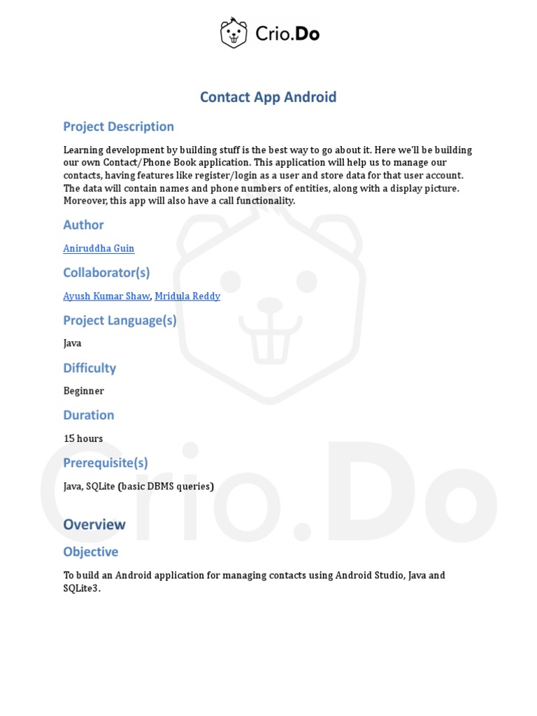 Contact App Android: Project Description | PDF | Databases | Android (Operating System)