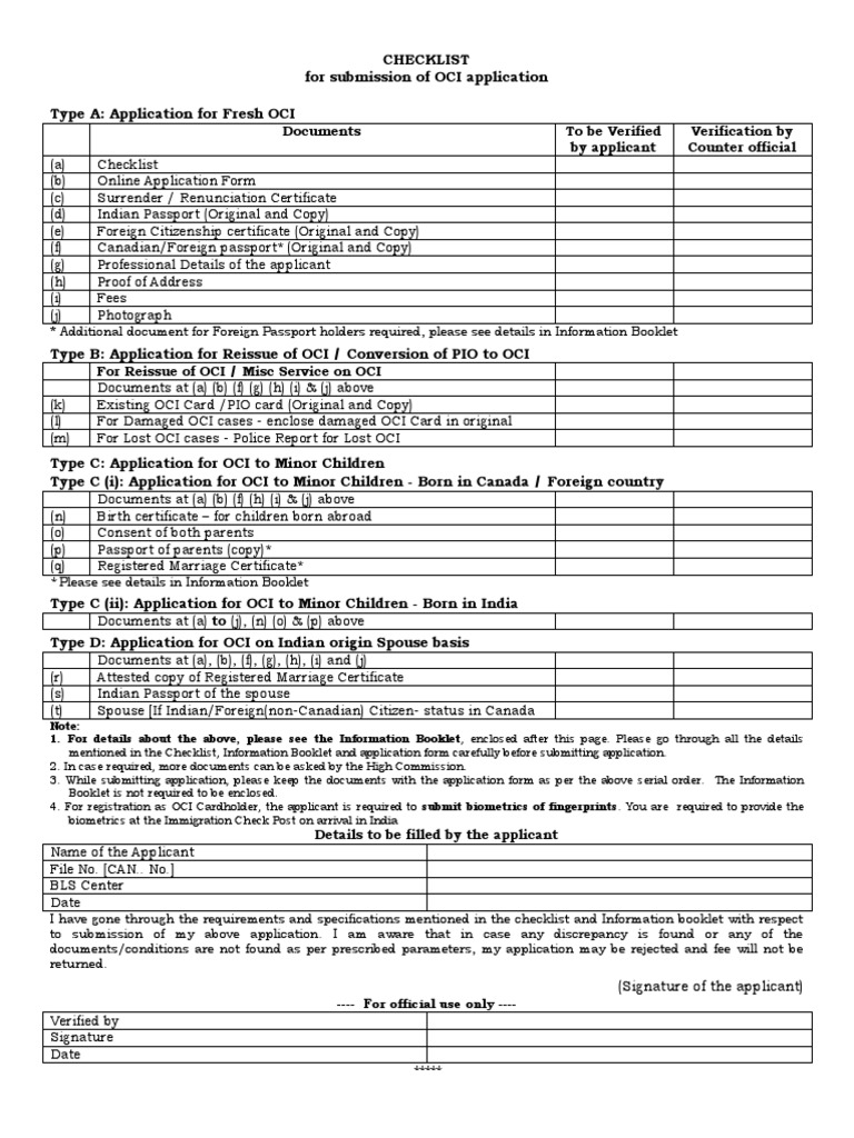 Checklist and Information Booklet For OCI | PDF | Government And ...