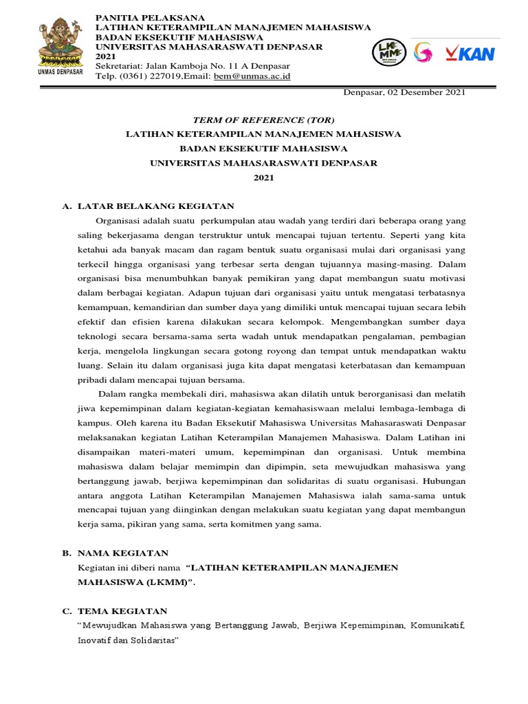 Latihan Keterampilan Manajemen Mahasiswa UNMAS 2021 | PDF