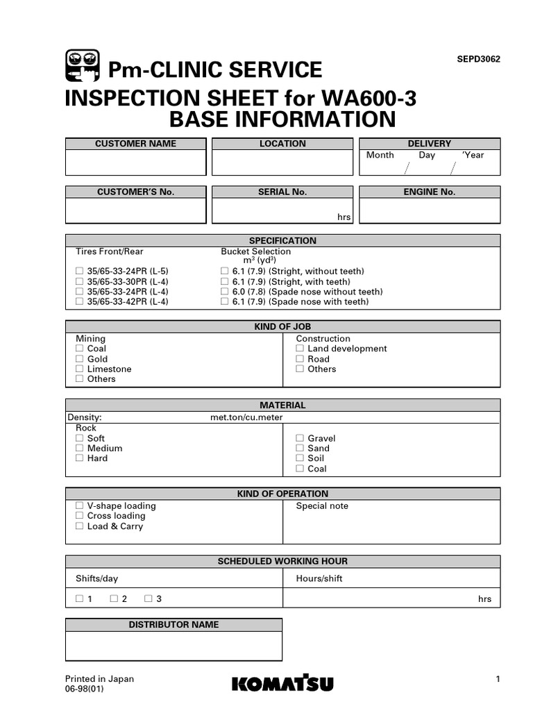 Pm-Clinic Service Inspection Sheet For Wa600-3 Base Information | PDF ...