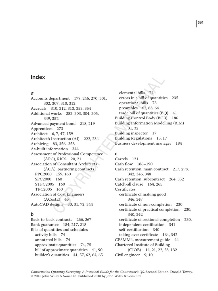 Index: Construction Quantity Surveying: A Practical Guide For The Contractor's QS, Second ...