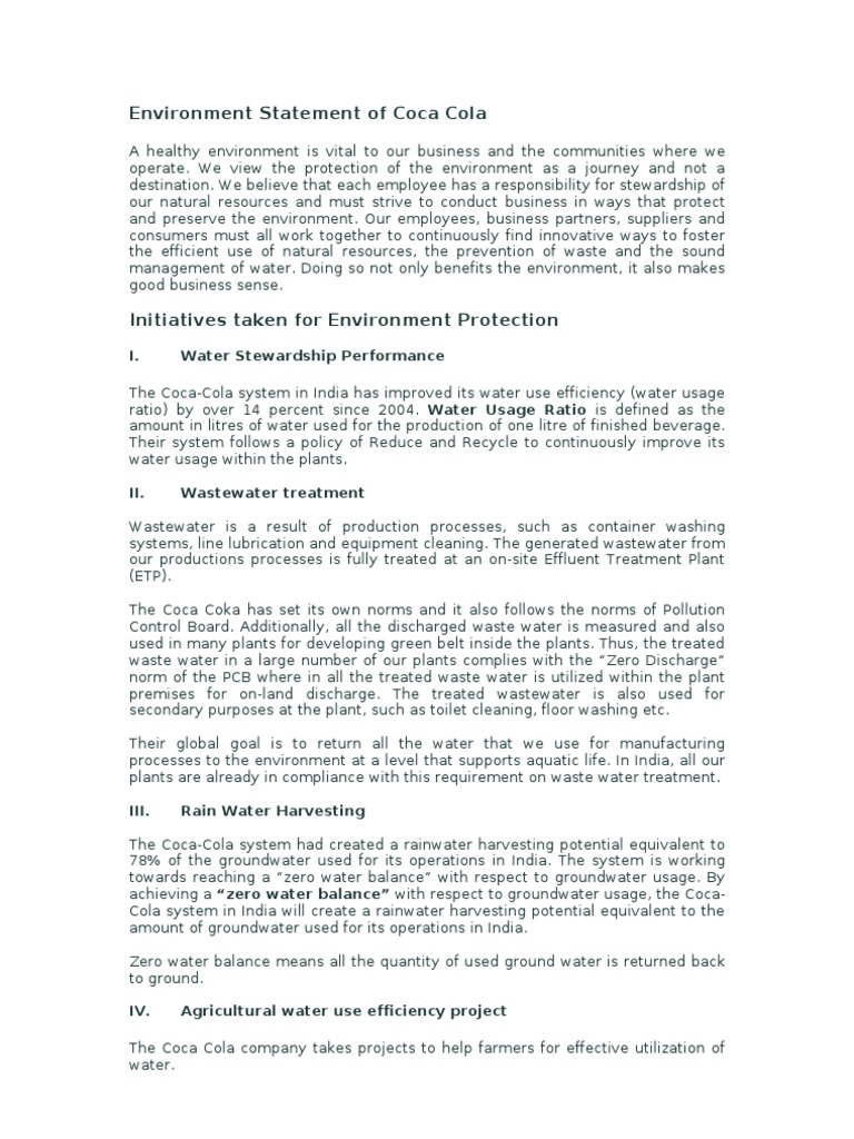 Coca Cola Environment Initiative | PDF | Drinking Water | Wastewater