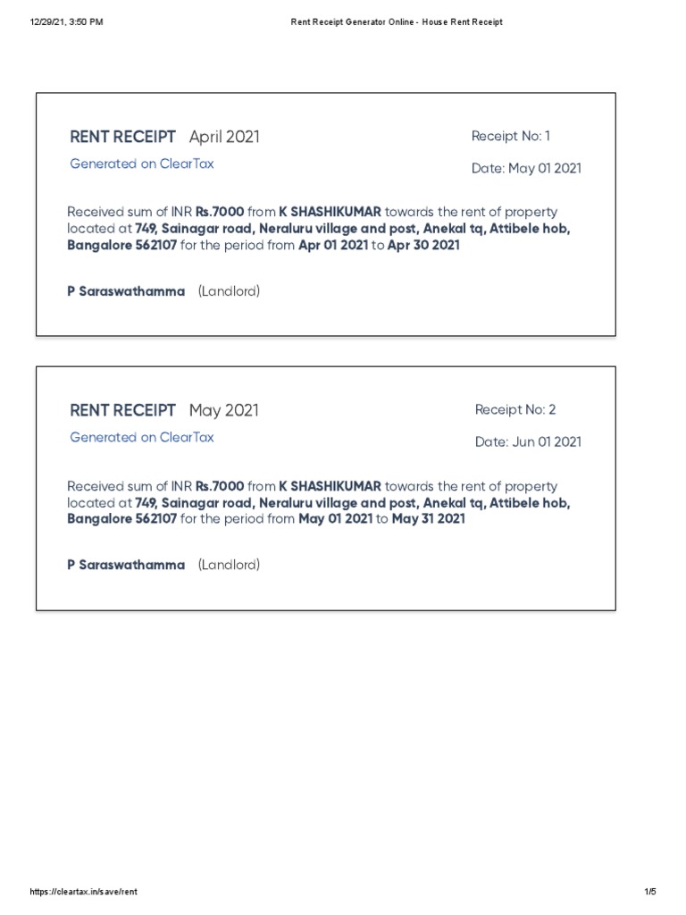 Rent Receipt Generator Online - House Rent Receipt | PDF