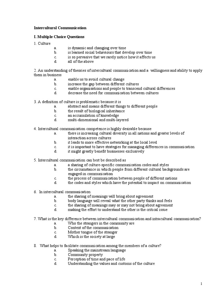 Intercultural Communication I. Multiple Choice Questions | PDF ...