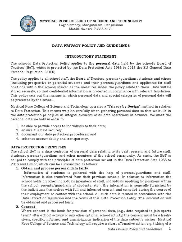 Data Privacy Policy and Guidelines: Mystical Rose College of Science ...