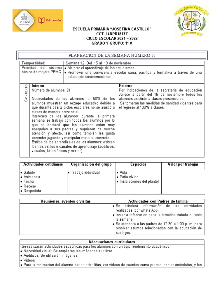 Planeacion Semana 12 | PDF | Evaluación | Educación de la primera infancia