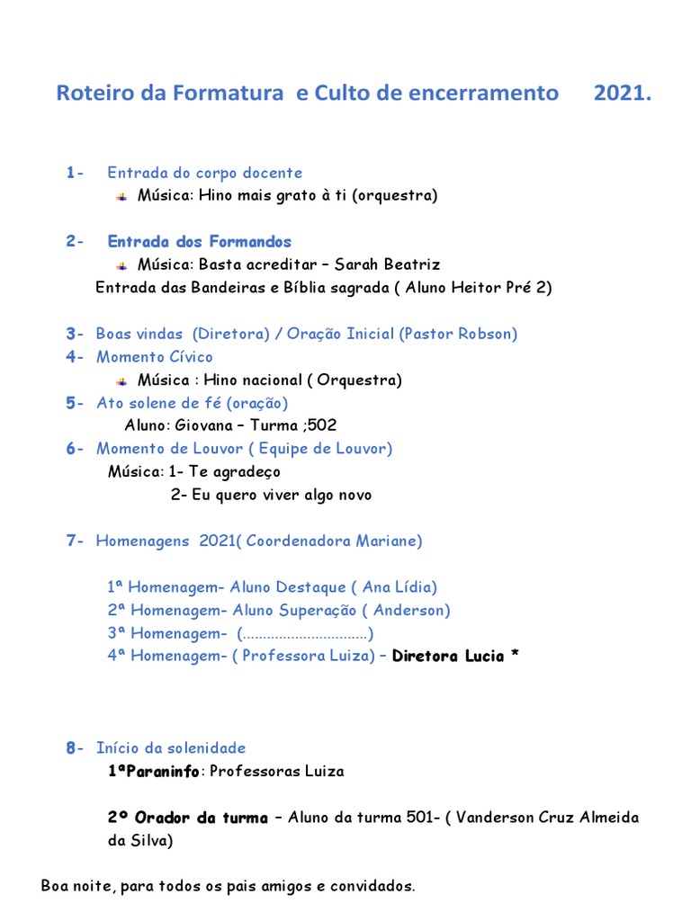 Roteiro Da Formatura e Culto de Encerramento 2021 | Download grátis PDF | Amor