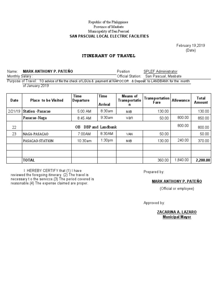 Iterenary Travel Form | PDF | Government