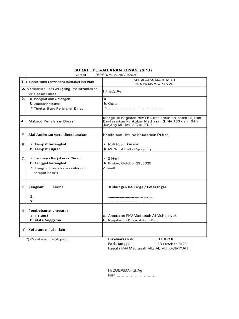 Contoh SPPD Bimtek Di Kinasih | PDF