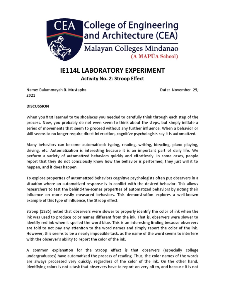 Experiment 2 - Stroop Effect | PDF | Behavioural Sciences | Human Nature