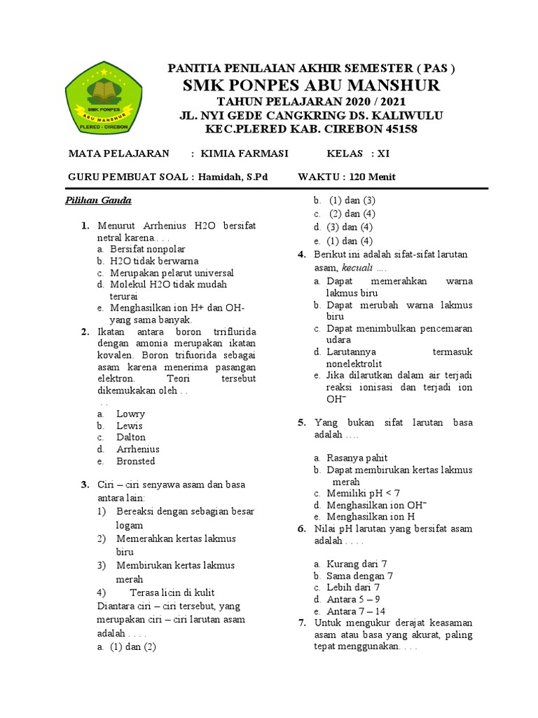 Pat Kimia Farmasi Xi Hamidah | PDF