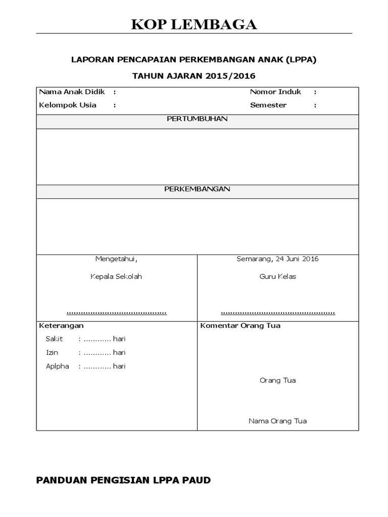Format Lppa Paud Laporan Perkembangan Anak | PDF
