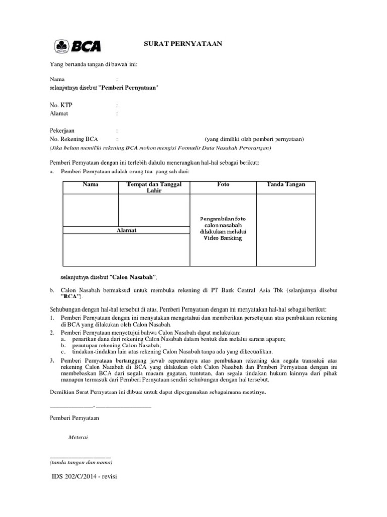 Surat Persetujuan Orang Tua Rekening Bca | PDF
