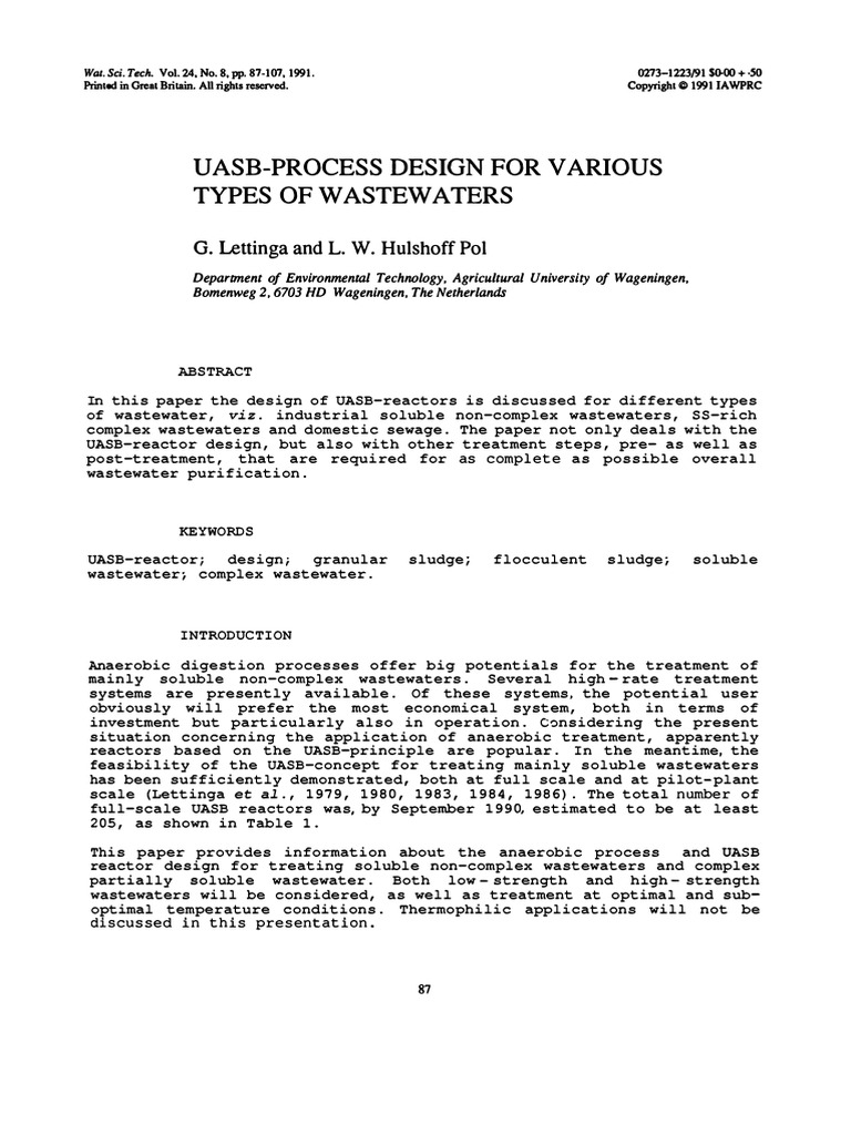 Uasb Process Design For Various Types of (Lettinga 1991) 22pp. | PDF ...