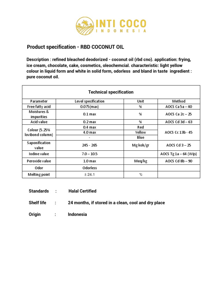 Product Specification - RBD COCONUT OIL | PDF