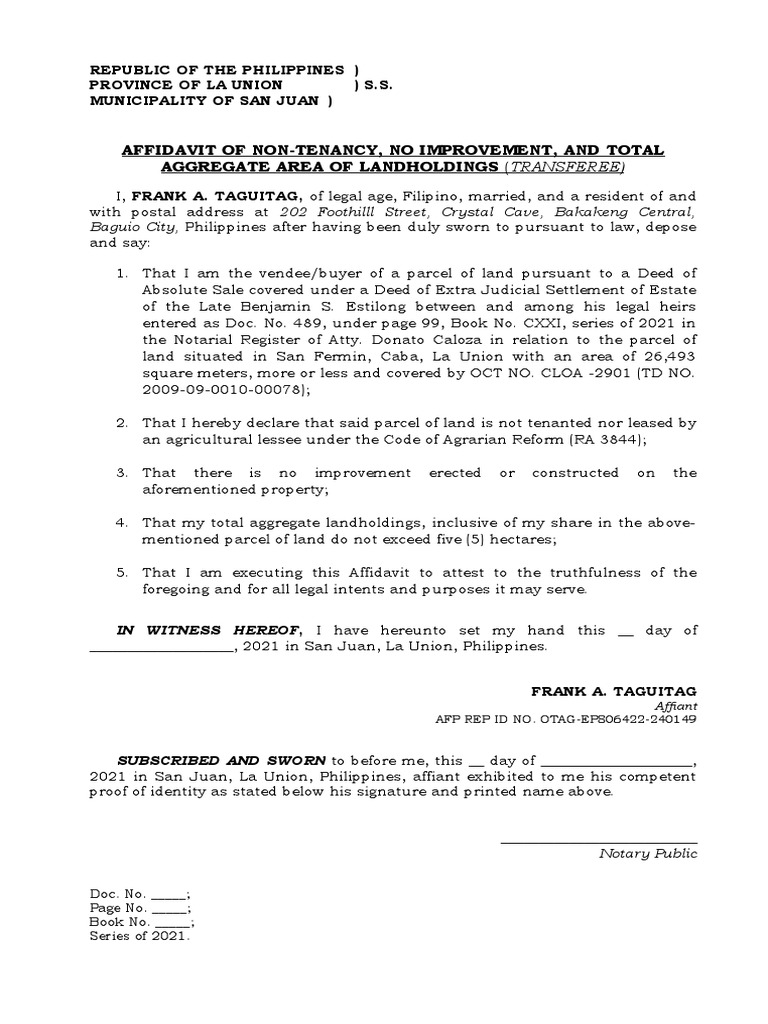 Affidavit of Non Tenancy, No Improvement, & Total Landholdings Jclarita ...