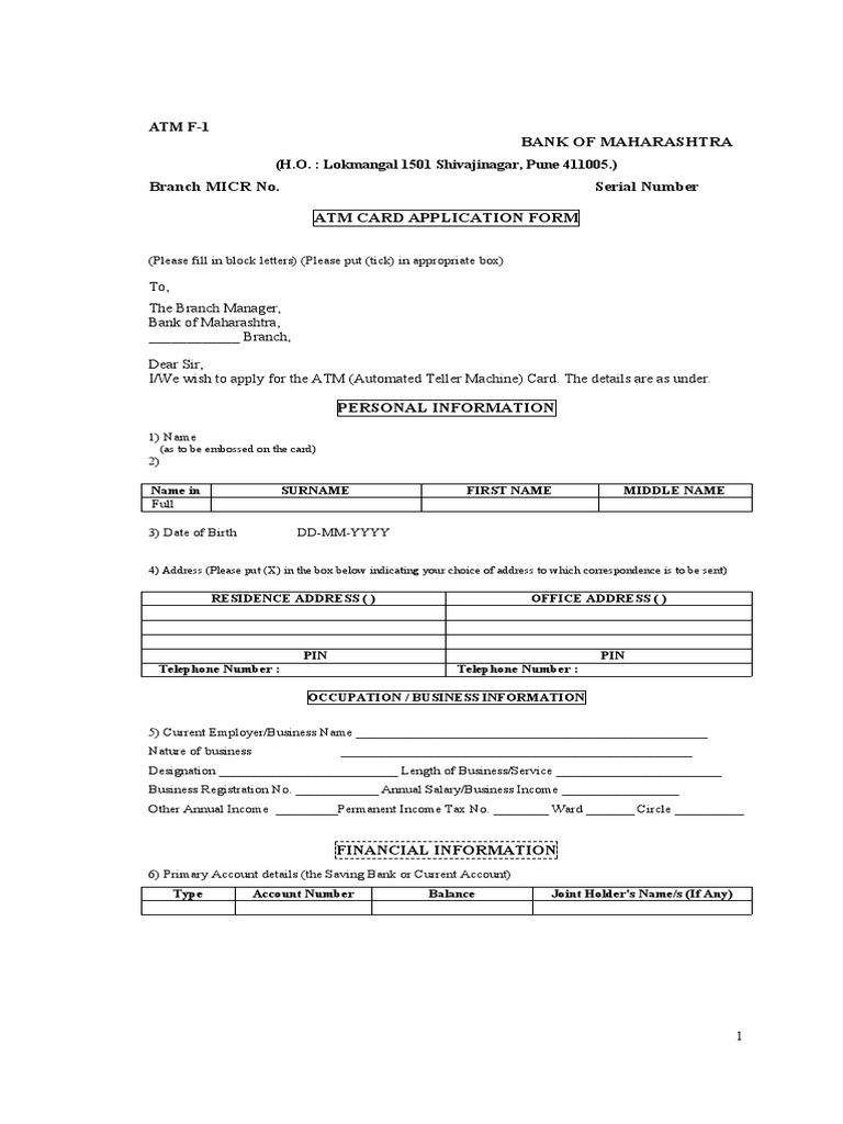 Bank of Maharashtra Branch MICR No. Serial Number Atm Card Application ...