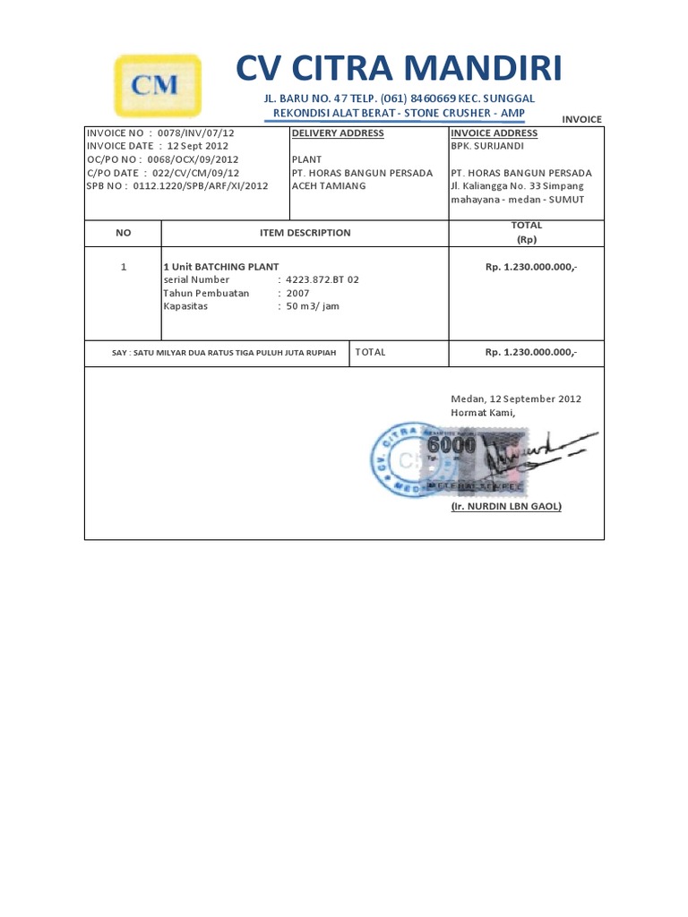 Invoice Alat Berat CV Citra Mandiri | PDF