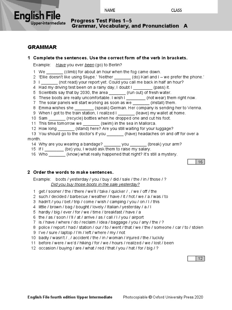 Progress Test Files 1-5 Grammar, Vocabulary, and Pronunciation A | PDF ...