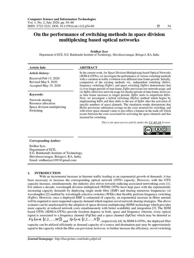SDM Optical Networks Switching Performance | PDF | Wavelength Division ...