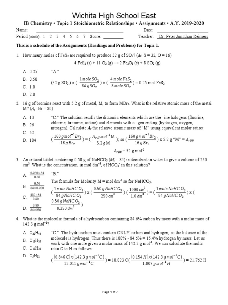 IB Chemistry Topic 1 Stoichiometric Rela | PDF | Mole (Unit) | Gases