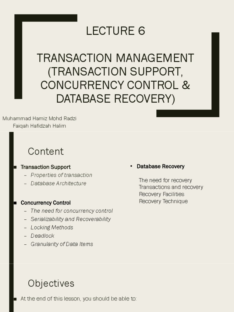 Transaction Management Transaction Support Concurrency Control And Database Recovery Pdf