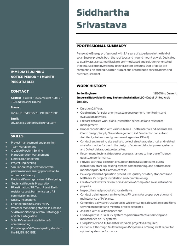 Siddhartha Srivastava: Professional Summary | PDF | Photovoltaic System ... Siddhartha Srivastava: Professional Summary | PDF | Photovoltaic System ...
