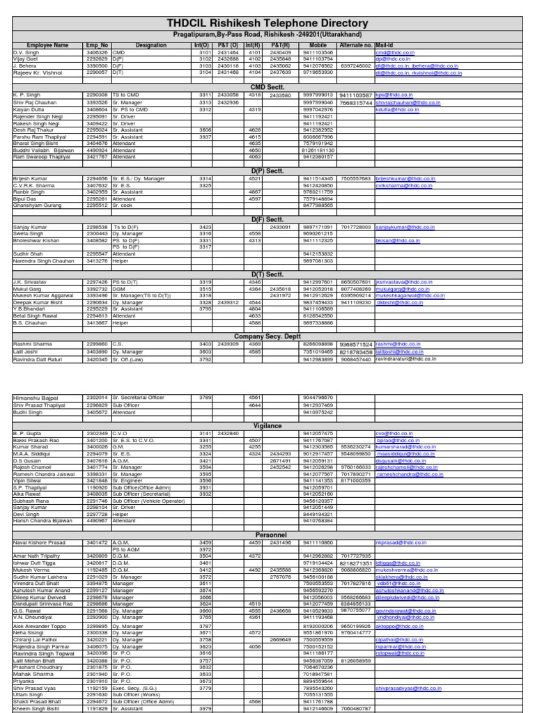 THDC Rishikesh Telephone Dir. | PDF