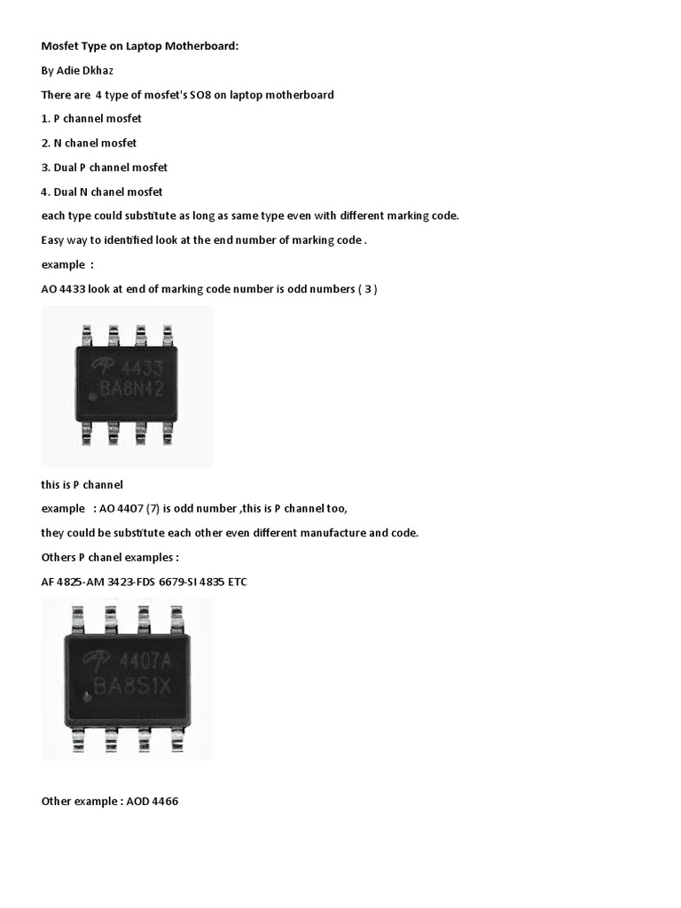 Mosfet Type On Laptop Motherboard | PDF | Field Effect Transistor | Mosfet