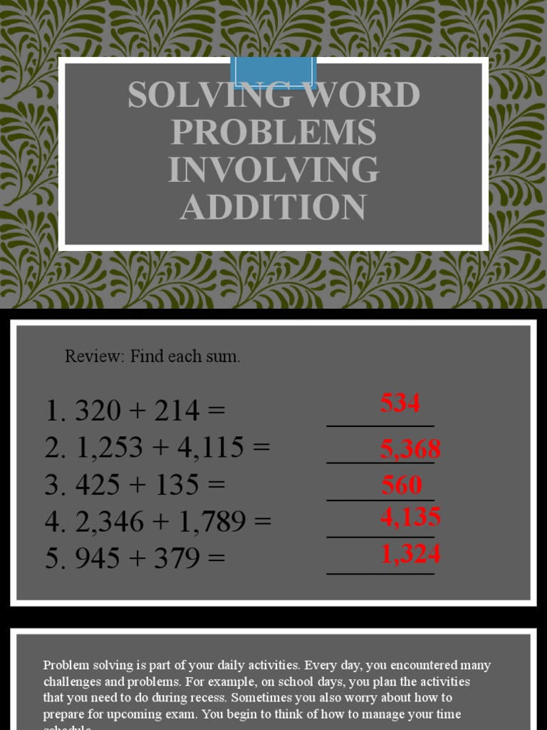 Solving Word Problems Involving Addition | PDF | Cognition