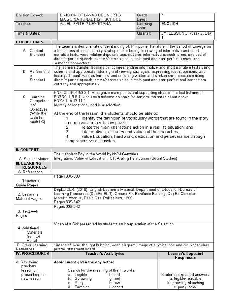 English Lesson Plan: The Happiest Boy | PDF | Rubric (Academic) | Teachers