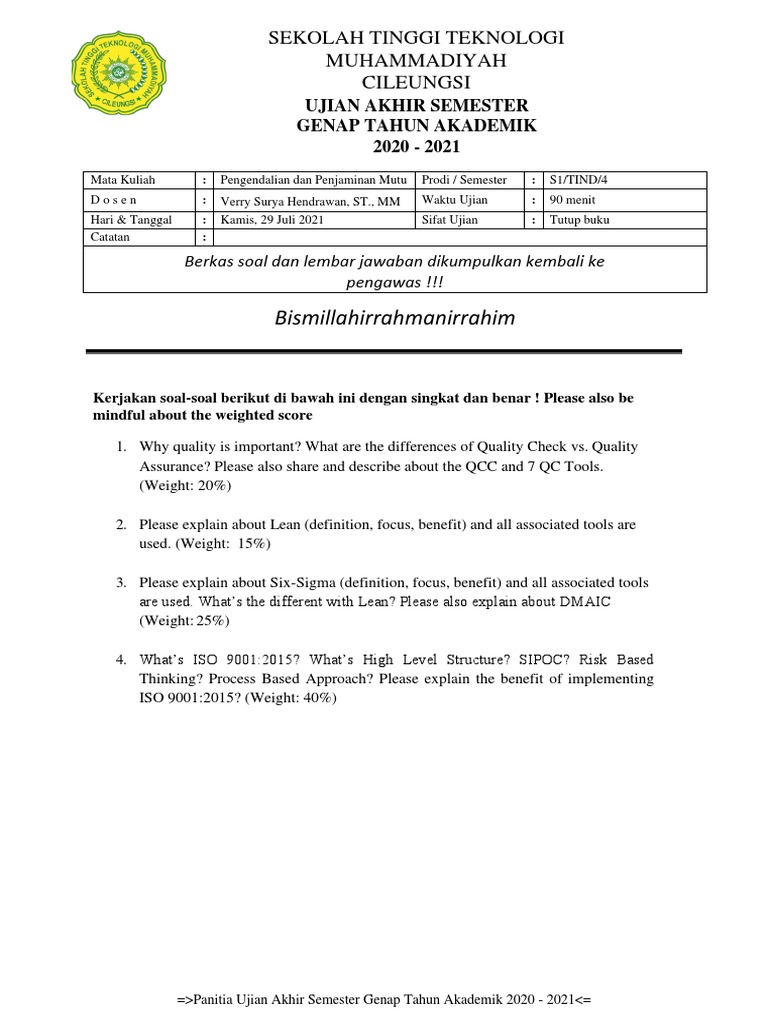 JAWABAN UAS - Pengendalian&Penjaminan Mutu - Bagas Dwi Julianto | PDF