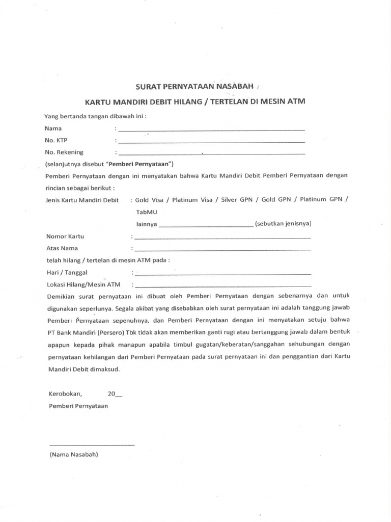 Surat Pernyataan Atm Hilang & Tertelan | PDF