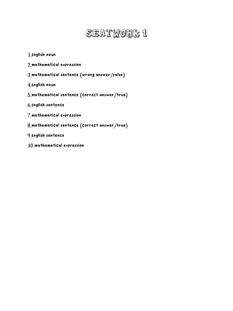 Seatwork 1 (Math) | PDF | Language Arts & Discipline