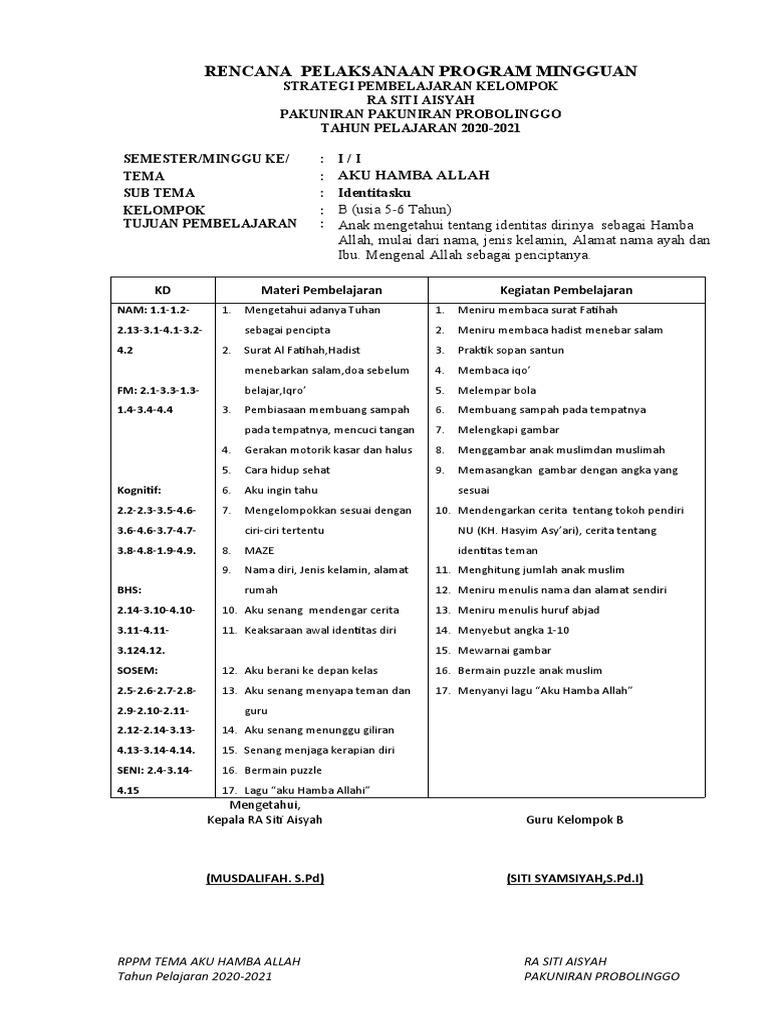 RPPM Tema "Aku Hamba Allah" RA Siti Aisyah | PDF | Karier & Perkembangan