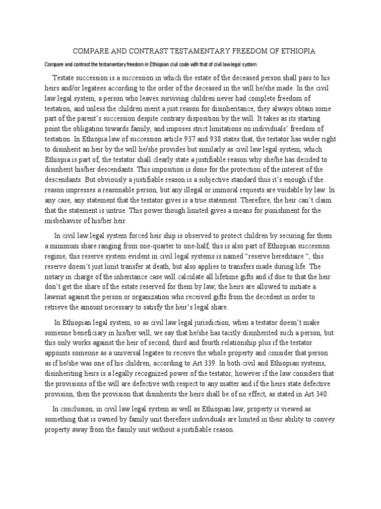 Compare and Contrast The Testamentary Freedom in Ethiopian Civil Code ...