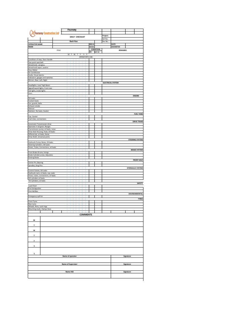Fourway: Daily Checklist Back Hoe | PDF | Axle | Brake
