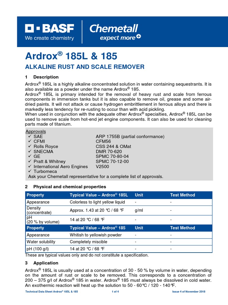 Ardrox 185L & 185: Alkaline Rust and Scale Remover | PDF | Water | Titanium