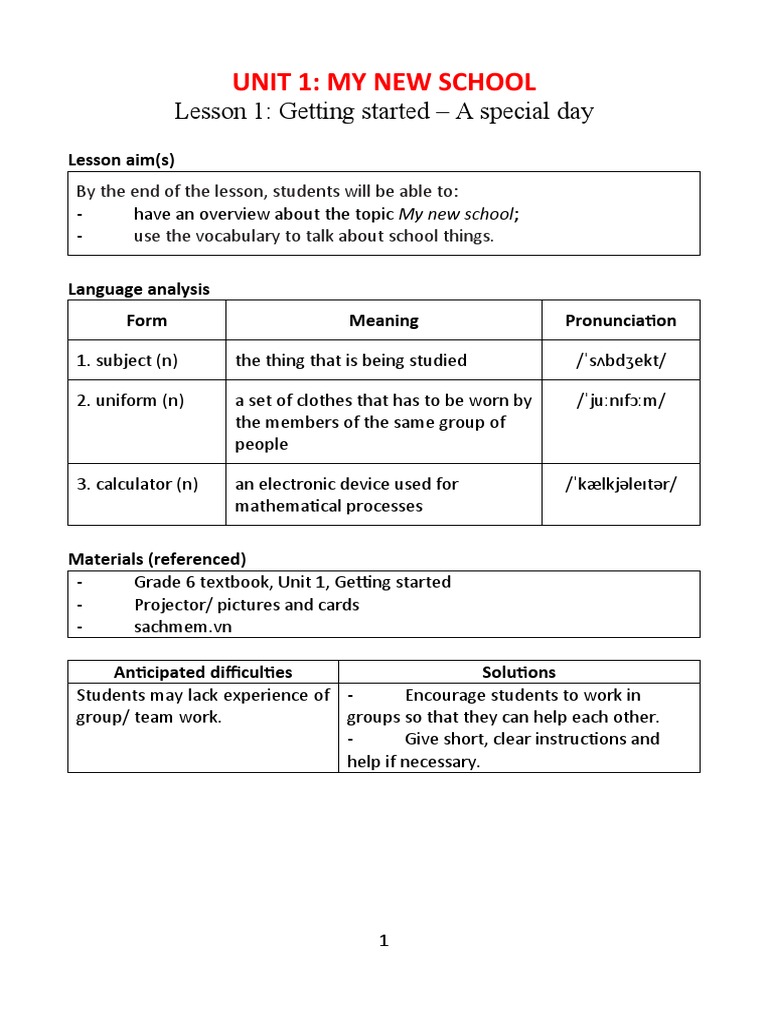 Unit 1: My New School: Lesson 1: Getting Started - A Special Day | PDF ...
