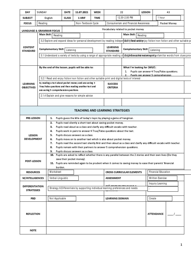 Form 1 Lesson 43 Reading | PDF | Reading Comprehension | Cognitive Science
