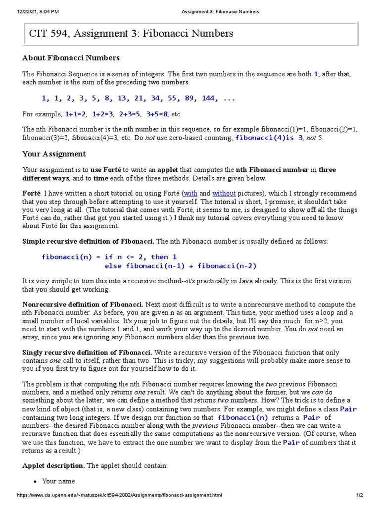CIT 594, Assignment 3: Fibonacci Numbers | PDF | Recursion | Function (Mathematics)
