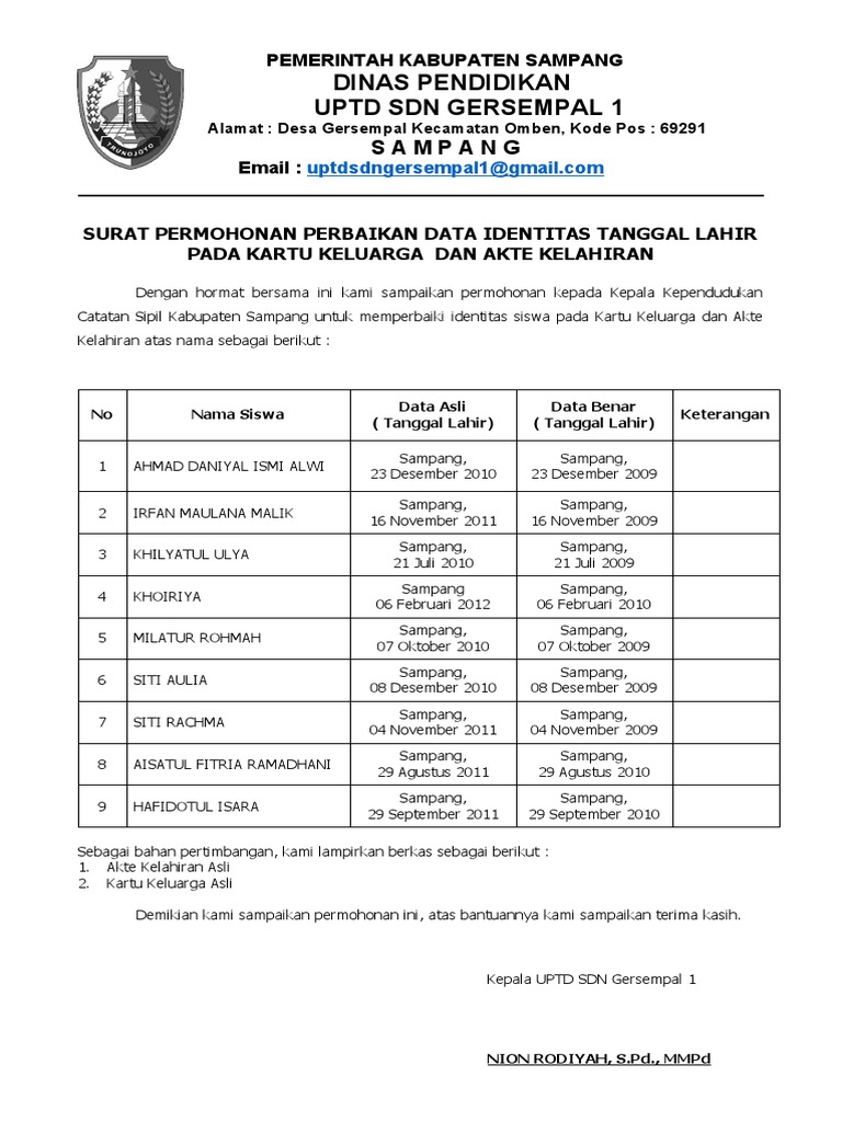 Surat Permohonan Perbaikan Data Kelas 6 | PDF