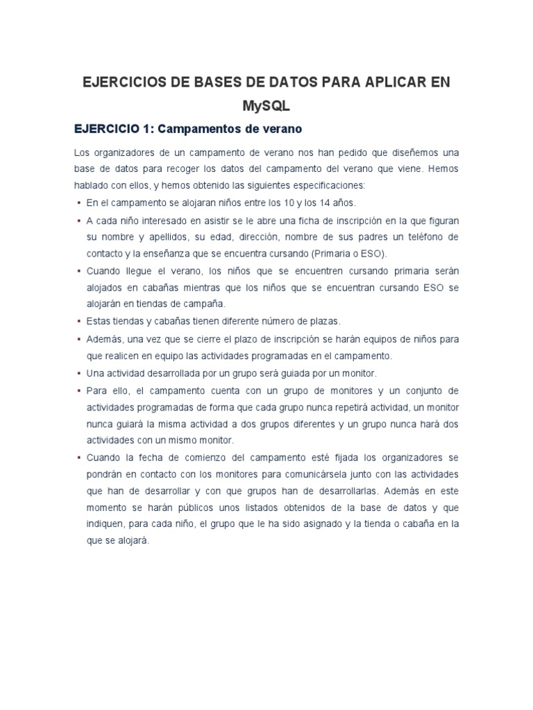 Ejercicios de Bases de Datos1 para Aplicar en Mysql | PDF | Base de ...