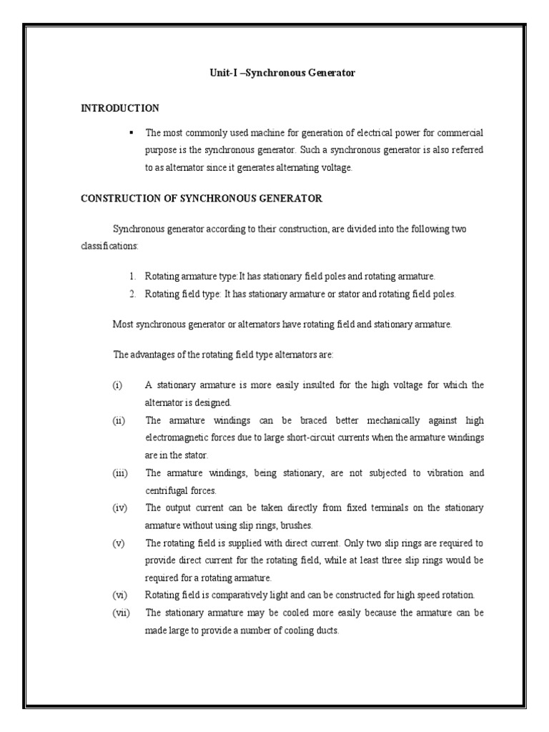 Unit-I - Synchronous Generator | PDF | Quantity | Electrical Components
