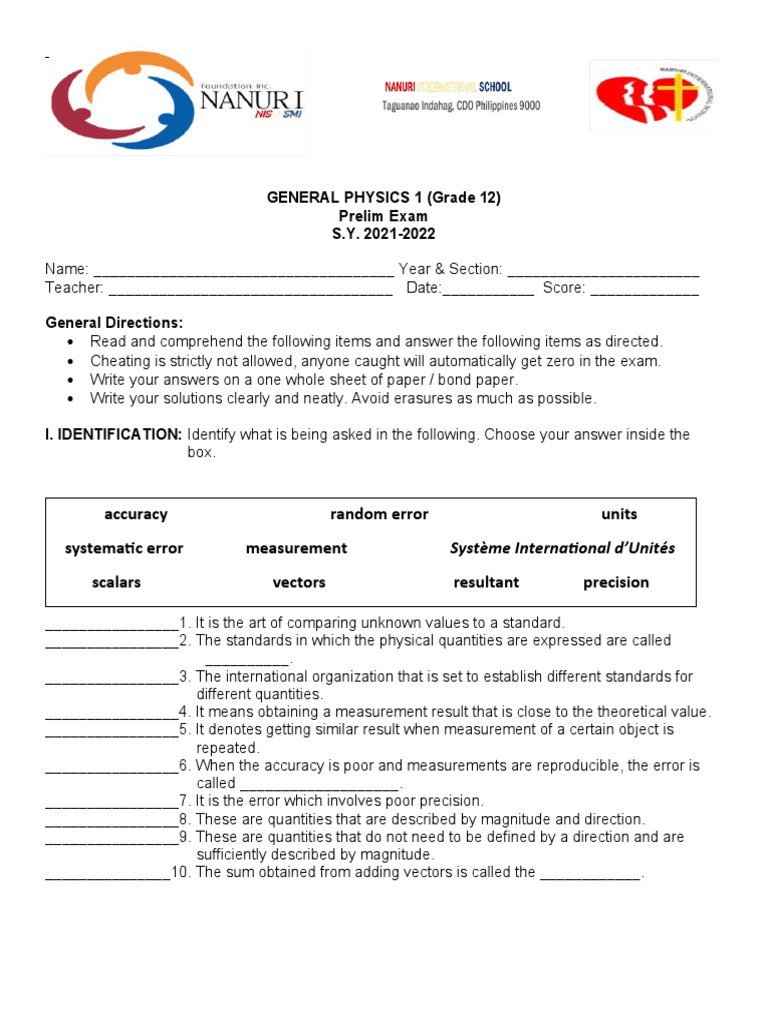 General Physics 1 (Grade 12) Prelim Exam S.Y. 2021-2022 | Download Free ...