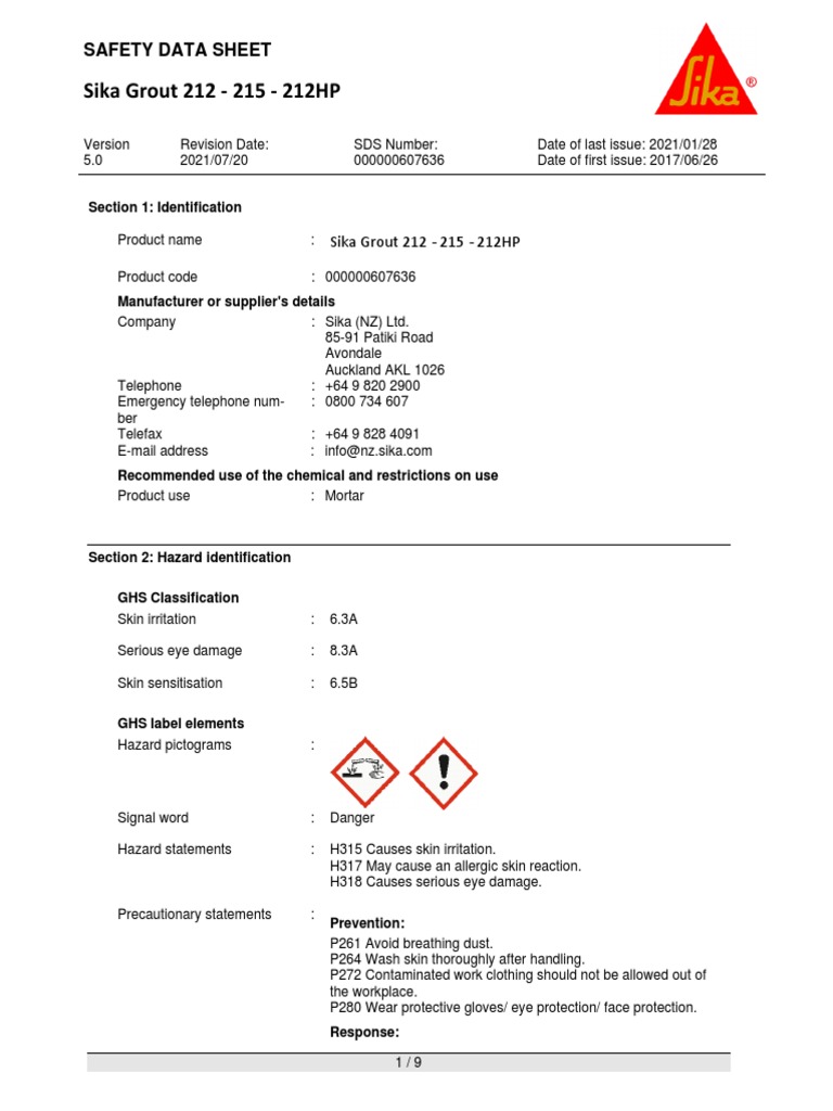 Sika Grout 212 215 212hp - Msds | PDF | Dangerous Goods | Occupational ...