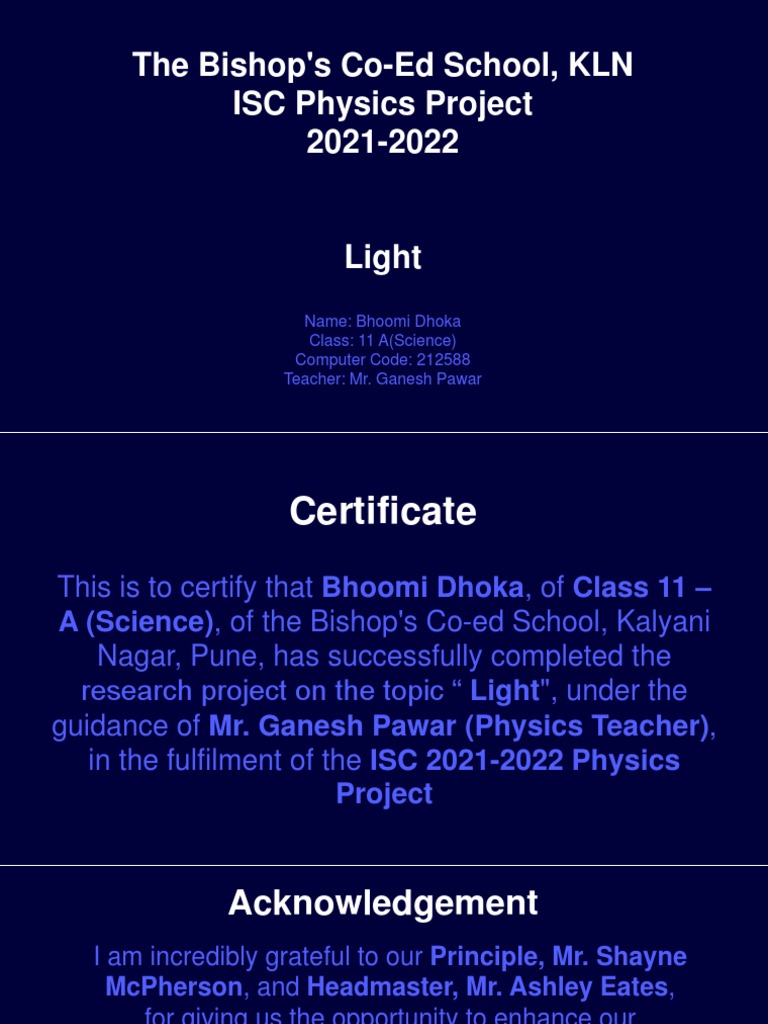 Isc Physics Project | PDF | Optics | Refraction