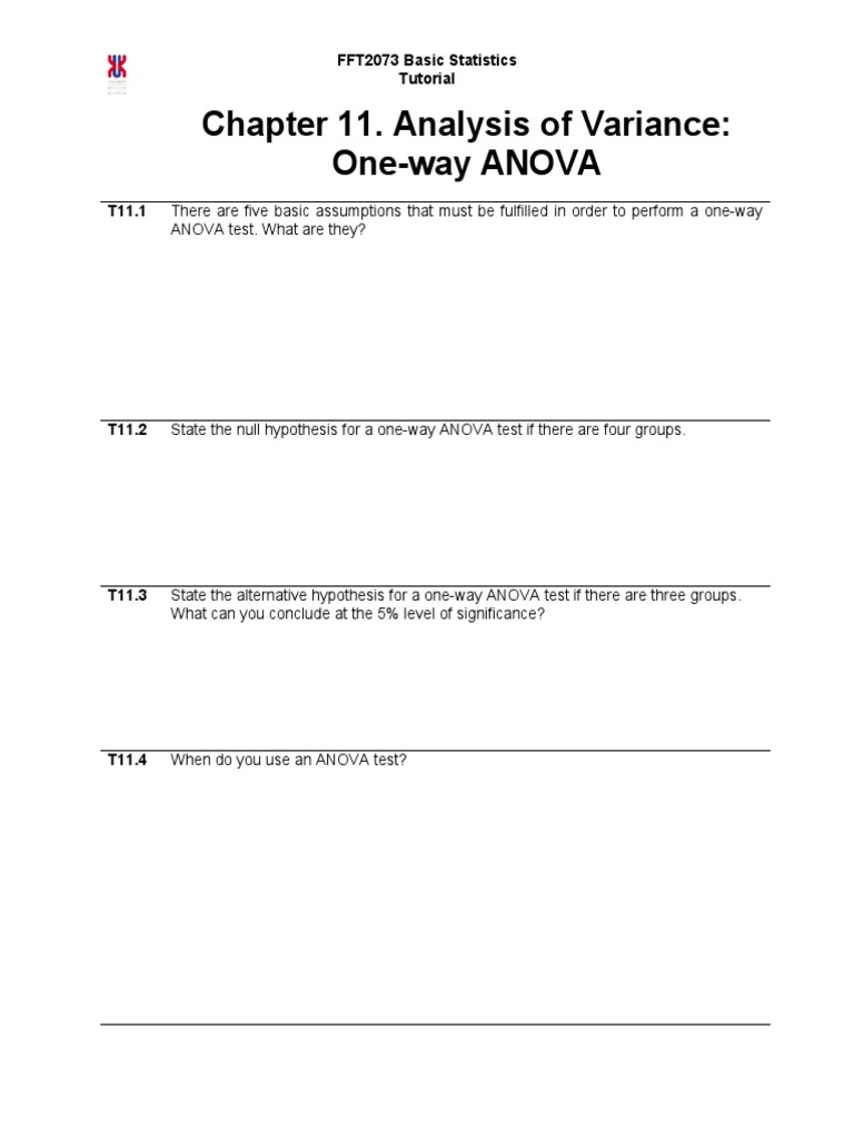 Chapter 11. Analysis of Variance: One-Way ANOVA: FFT2073 Basic Statistics Tutorial | PDF ...